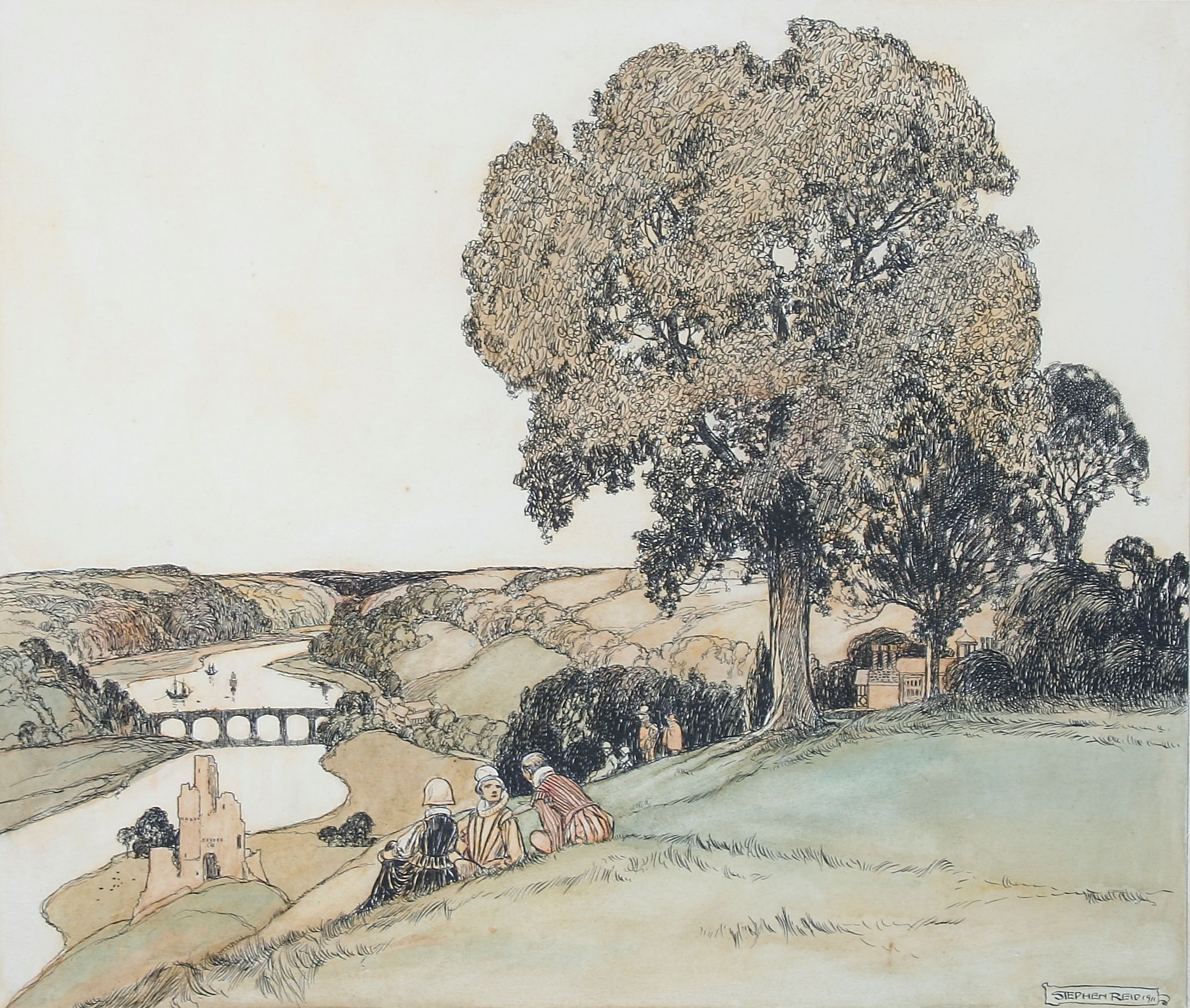 Bonhams : Stephen Reid (British, 1873 - 1948) Figures in Tudor landscape