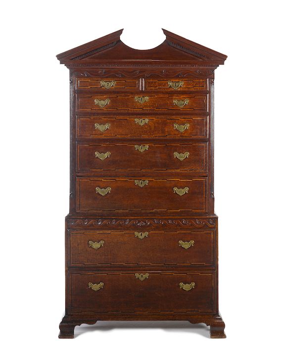 Bonhams : An early George III oak and chequer banded chest on chest