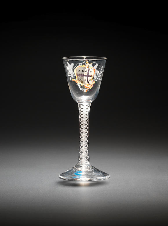 Bonhams A Rare Beilby Enamelled Armorial Opaque Twist Wine Glass