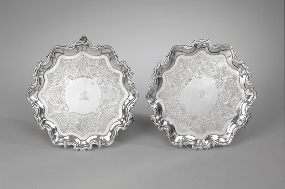 Bonhams : A pair of mid 18th Century Irish silver waiters, by John ...