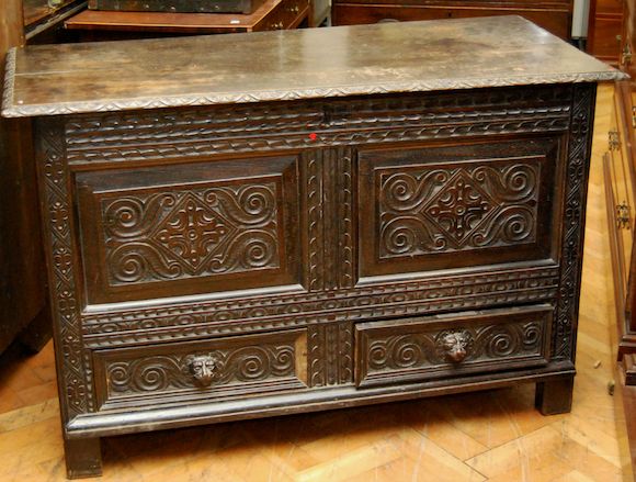 Bonhams : A late Victorian carved dark oak mule chest