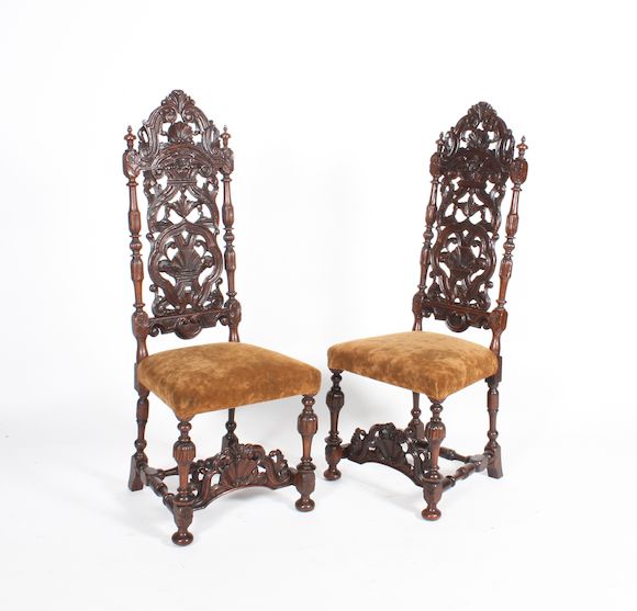 Bonhams : A pair of Carolean style carved walnut high back side chairs ...