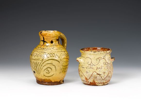 Bonhams : A Donyatt slipware puzzle jug dated 1760