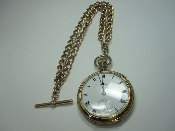 Bonhams : A 15ct gold Albert watch chain with an open faced pocket ...