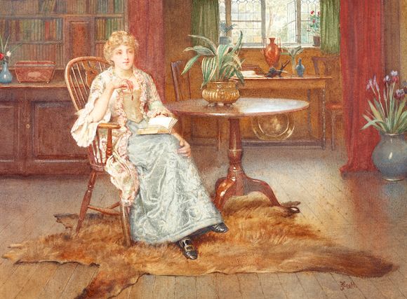 Bonhams : John Scott (British, fl.1844-1866) Lady reading in an interior