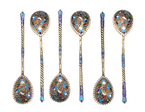 Bonhams : A Russian set of six silver-gilt and enamel tea spoons by H3 ...