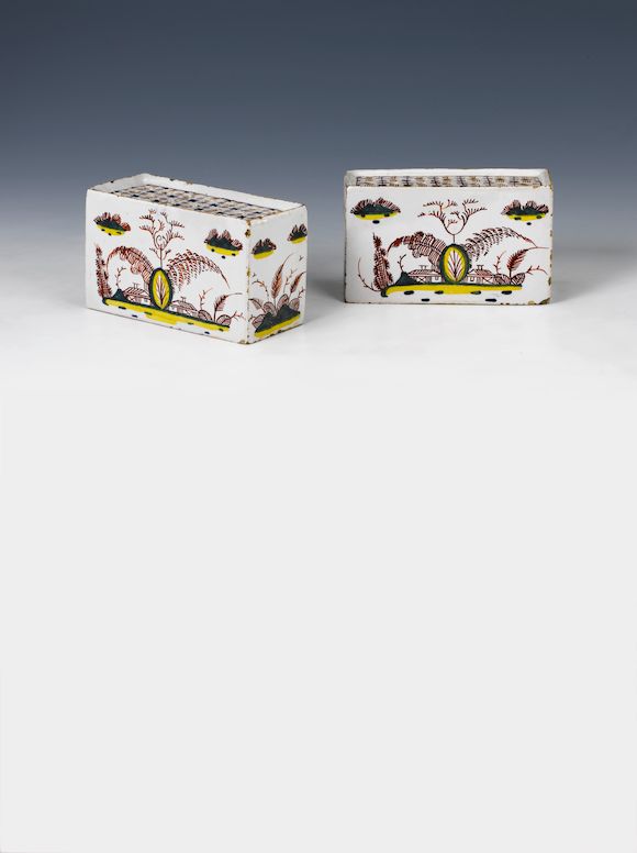 Bonhams : A pair of London delftware polychrome flower bricks Circa 1740.