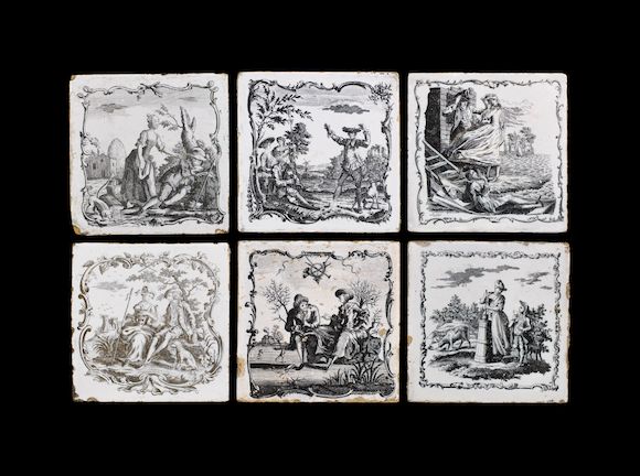 Bonhams : Six Liverpool delftware printed tiles circa 1760-65