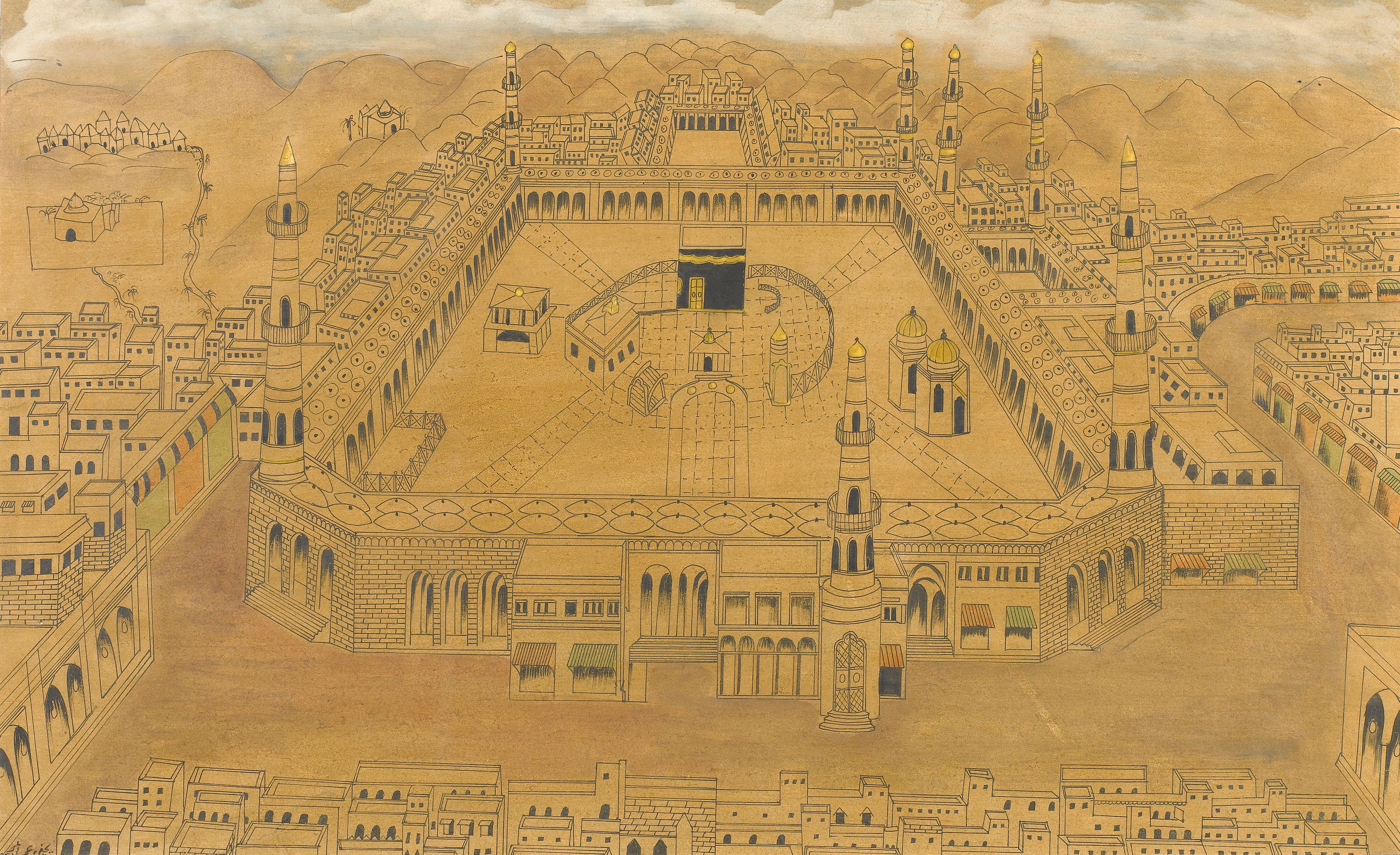 A large ink drawing depicting the Qa'ba and the holy city of Mecca and ...