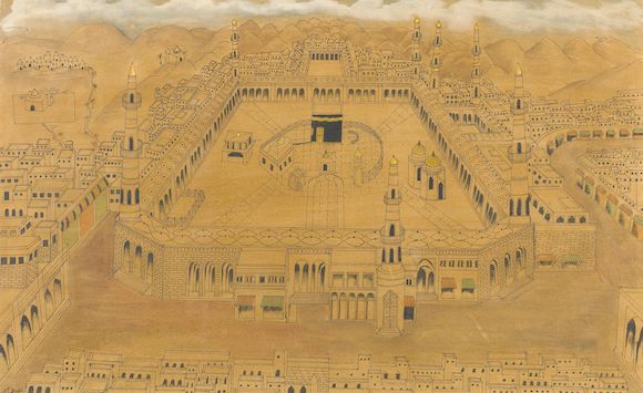 Bonhams : A large ink drawing depicting the Qa'ba and the holy city of ...