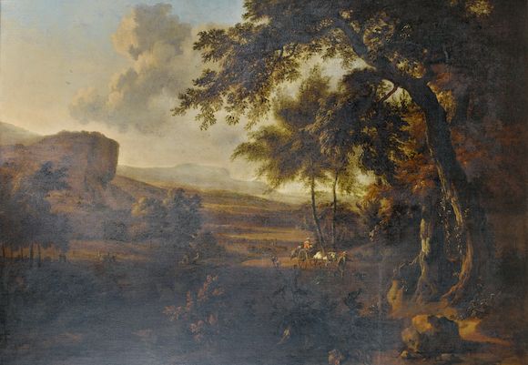 Bonhams : Studio of Jan Wijnants (Haarlem circa 1635-1684 Amsterdam) A wooded river landscape