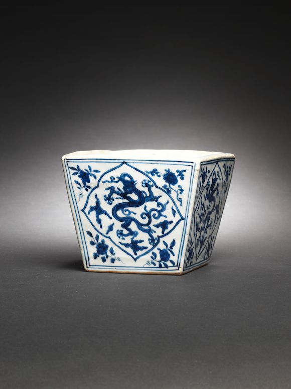 Bonhams : A rare blue and white square 'dragon' dou-form vessel Jiajing ...