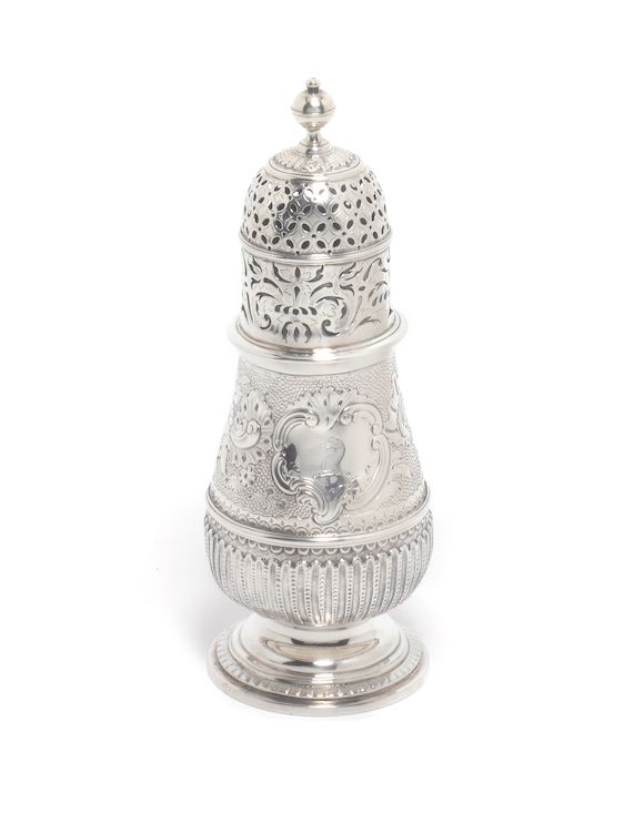 Bonhams : A Queen Anne silver caster, hallmarks rubbed, London 1705,