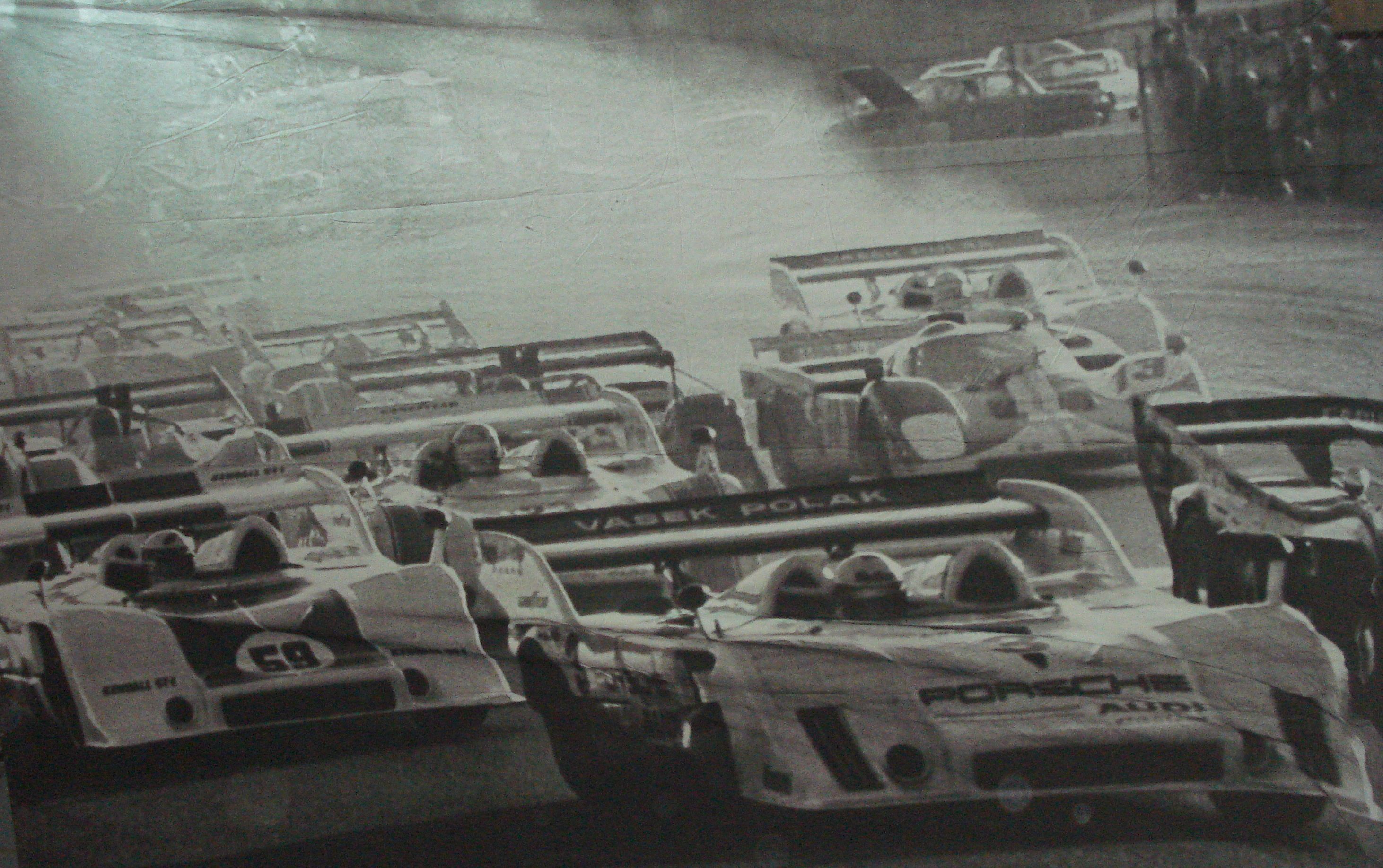 Bonhams Cars : A very large canvas banner depicting a Can-Am race scene,