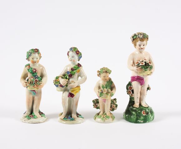 Bonhams : A Derby figure of a putto, two Bow putti and a Longton Hall ...