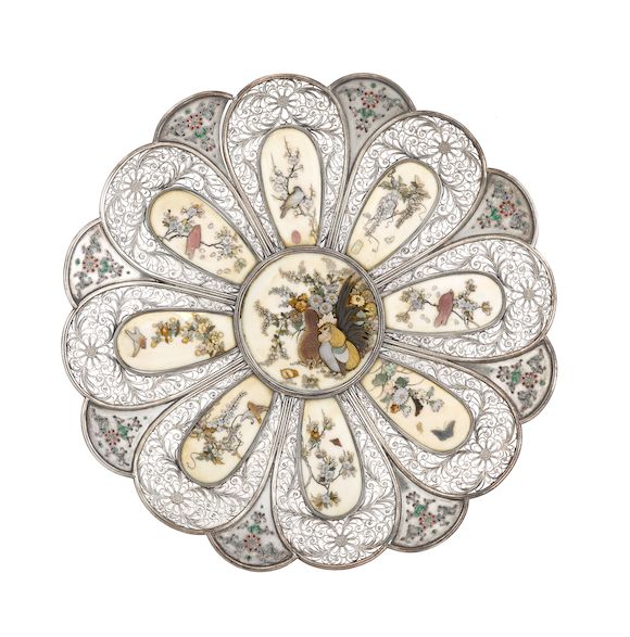 Bonhams : An ivory, silver, and Shibayama-inlaid filigree dish By ...
