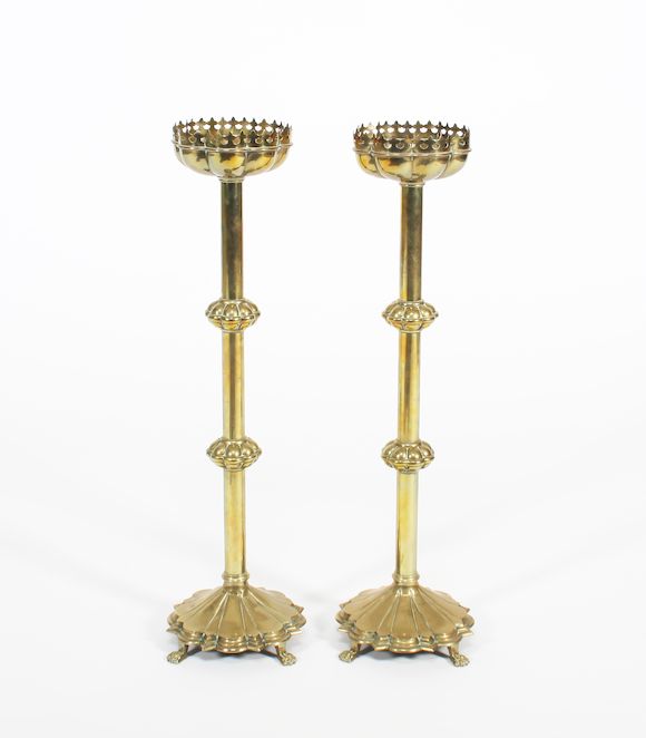 Bonhams : A pair of Gothic revival brass altar candlesticks in the ...