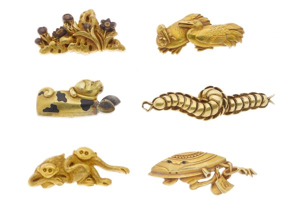 Bonhams : Six gold menuki 18th/19th century