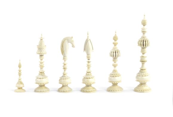 Bonhams : A "Pepys" ivory chess set, Vizagapatam, India, circa 1800,