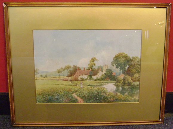 Bonhams : A. Trowsdale (early 20th century) River landscape with mother and child on a path ...