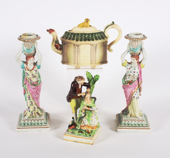 Bonhams : A pearlware figure group, 'The Hairdresser', a pair of ...