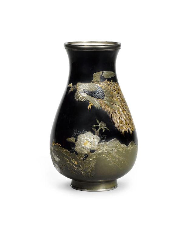 Bonhams : An inlaid shakudo vase By Shuho, Meiji/Taisho Period