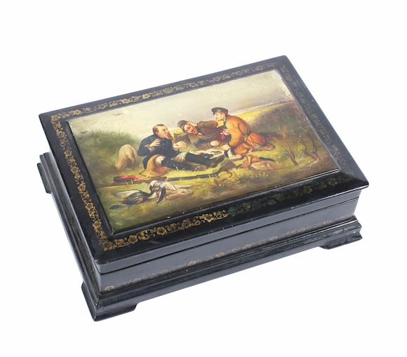 Bonhams : A Russian black papier-mache and decorated casket, circa 1958