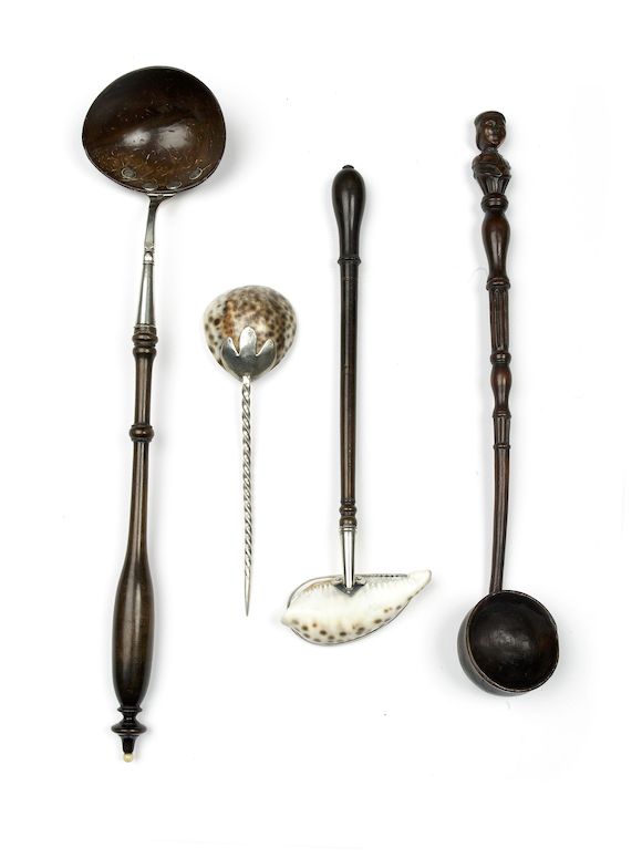 Bonhams : A late 19th century pearwood, unmarked silver and cowrie ...