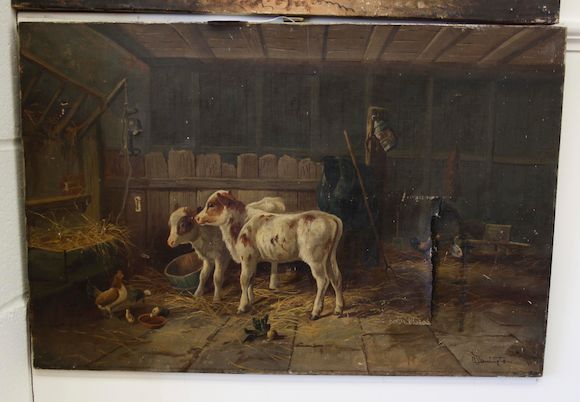 Bonhams : A. Hannington (19th Century) Calves in a barn interior