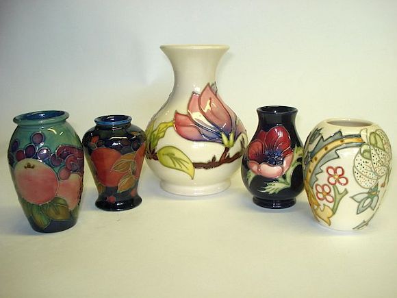 Bonhams : A group of five various Moorcroft vases
