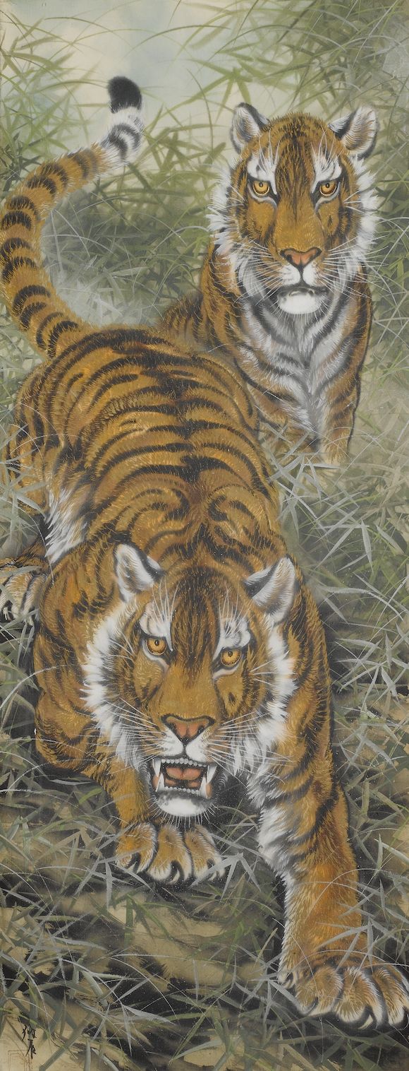 Bonhams : An ink and colour on silk picture of two tigers