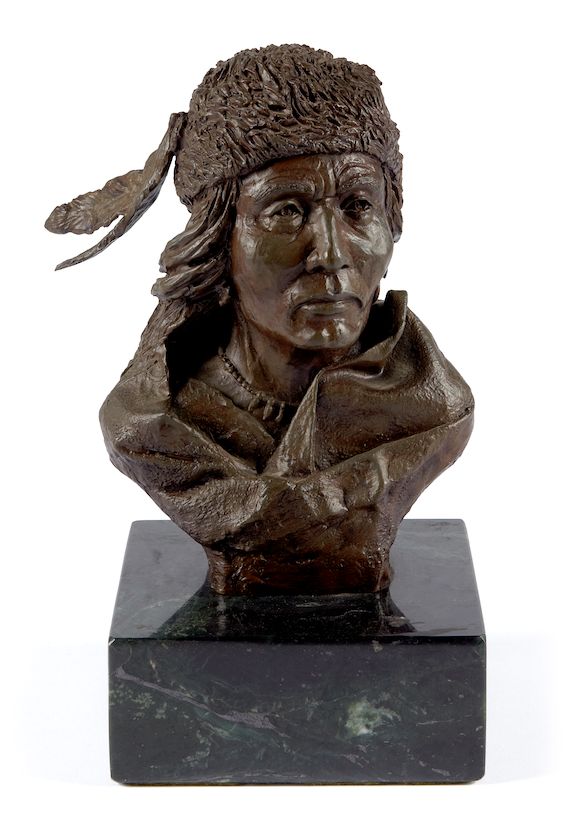 Bonhams : A bronze bust of an Indian warrior on marble base, signed J ...