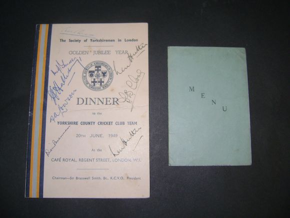 Bonhams : 1943 and 1949 hand signed dinner menu's including Len Hutton