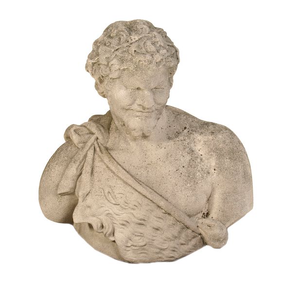 Bonhams : A large composition stone bust of Bacchus on a fluted pedestal