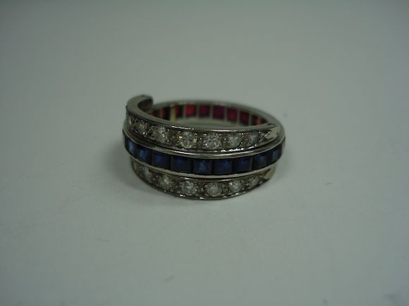 Bonhams : A ruby, sapphire and diamond swivel ring