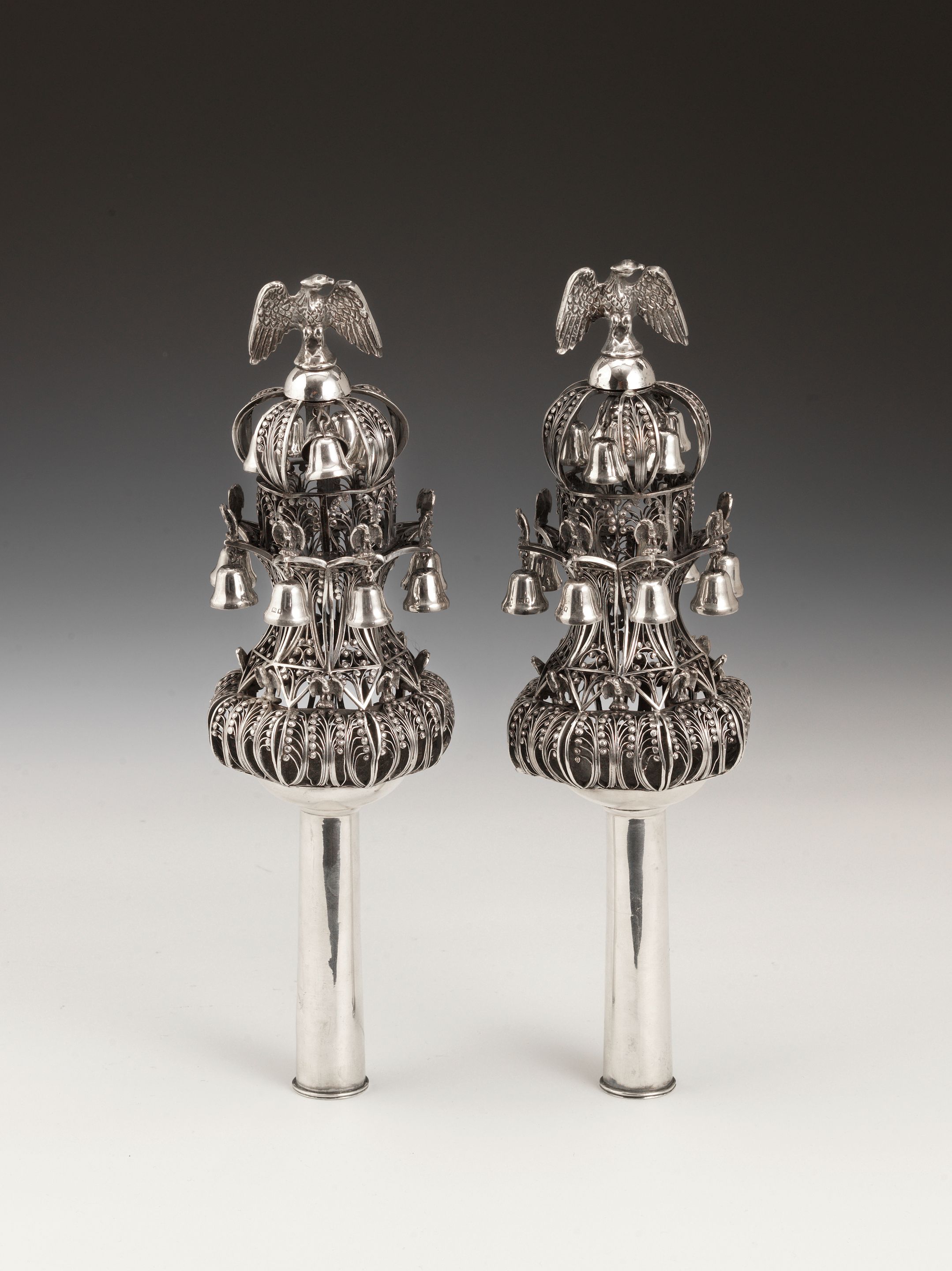 Bonhams : A pair of Victorian silver Torah Finials/Rimmonin, the stems ...