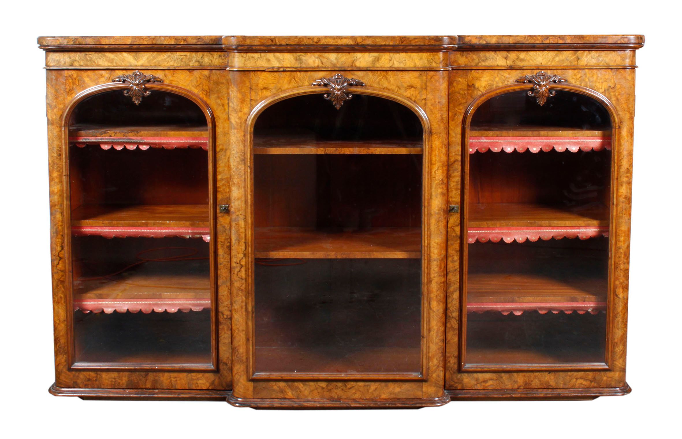 Bonhams : A Victorian figured walnut dwarf breakfront bookcase, fitted ...