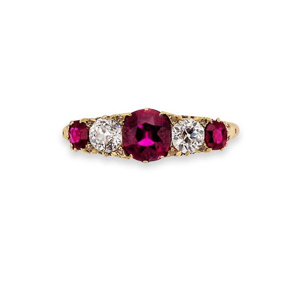 Bonhams : A ruby and diamond five-stone ring,