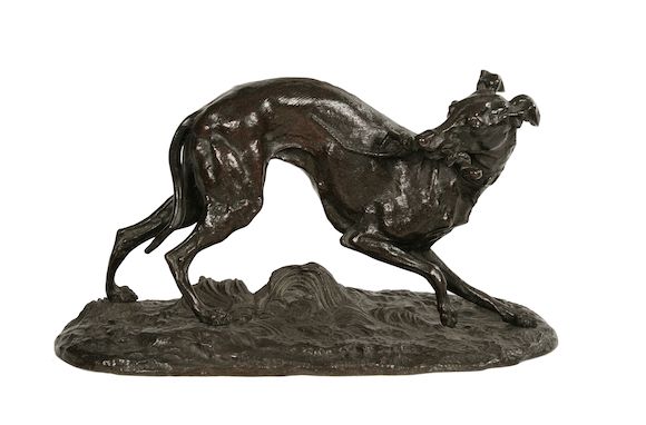 Bonhams : A 19th century French bronze model of a greyhound with a whip
