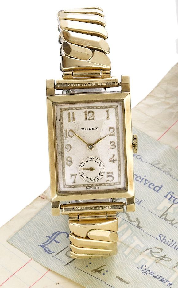 Bonhams : Rolex. An 9ct gold manual wind rectangular wristwatch ...