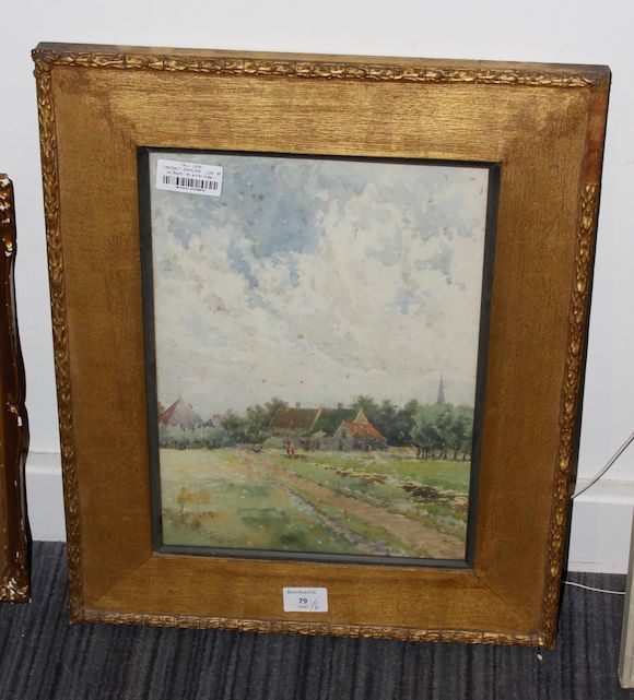 Bonhams : J.W. Boycott An arched bridge over a river, with distant church