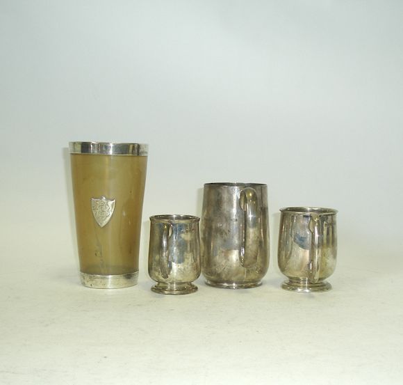Bonhams : A Victorian unmarked silver mounted horn beaker, (4)