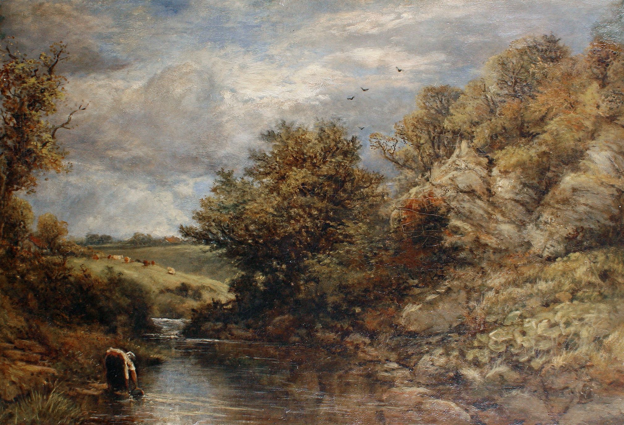 Bonhams : Circle of George Vicat Cole (British, 1833-1893) Woman by a river