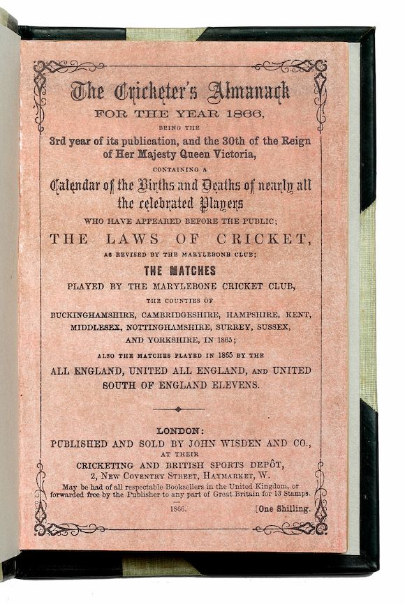 Bonhams : CRICKET WISDEN (JOHN) The Cricketer's Almanack for the Year 1866