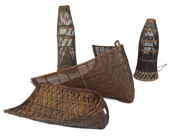 Bonhams : Two Southeast Asian conical rattan fish traps and two rattan ...