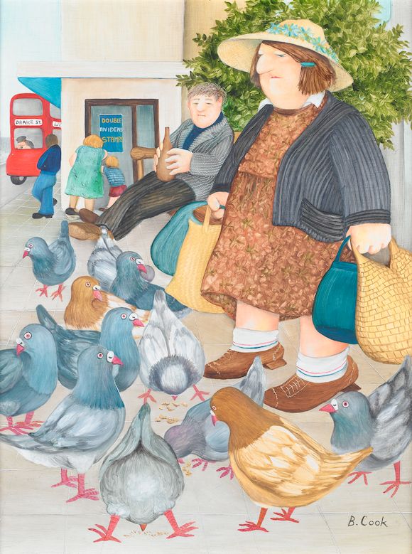Bonhams : Beryl Cook (British, 1926-2008) Feeding Pigeons 60.6 x 45.7 ...