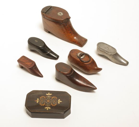 Bonhams : A group of seven various 19th century shoe snuff boxes