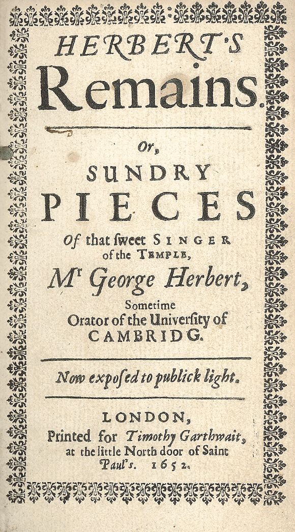Bonhams : HERBERT (GEORGE) Herbert's Remains. Or, Sundry Pieces of that ...