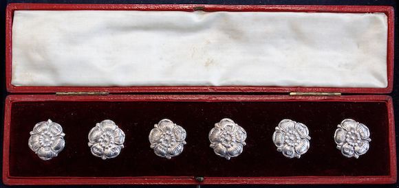 Bonhams : A set of six silver Tudor Rose buttons, 1903, cased.