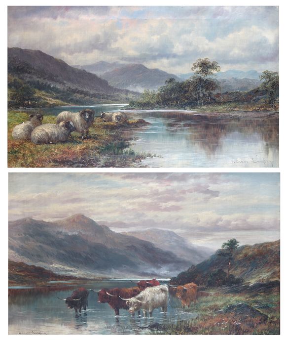 Bonhams : William Langley (British, 1852-1922) Highland cattle watering ...